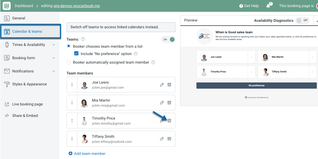 Add or remove team members on existing booking page – YouCanBookMe