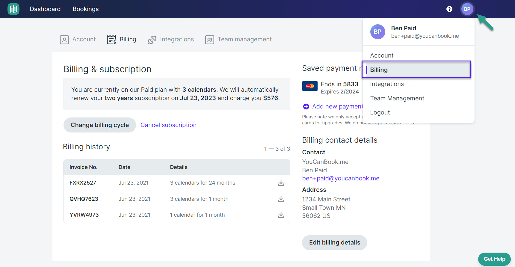 Managing Billing details – YouCanBookMe