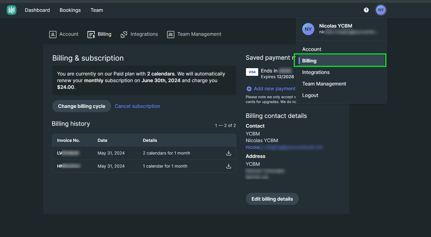 Managing Billing details – YouCanBookMe